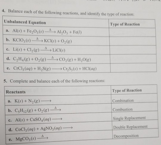 Solved 4 Balance Each Of The Following Reactions And