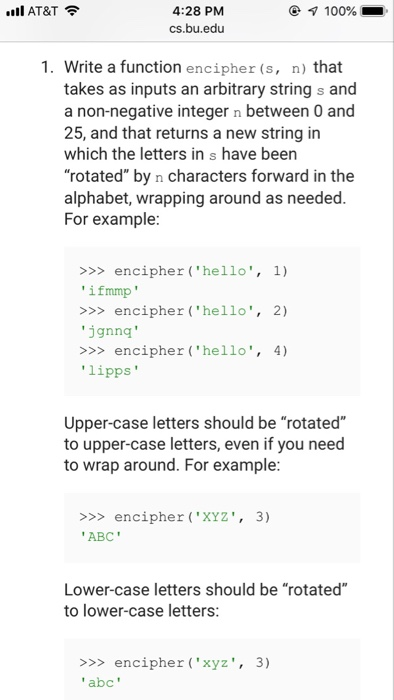 Solved 4:28 PM cs.bu.edu IIAT&T 1. Write a function encipher | Chegg.com