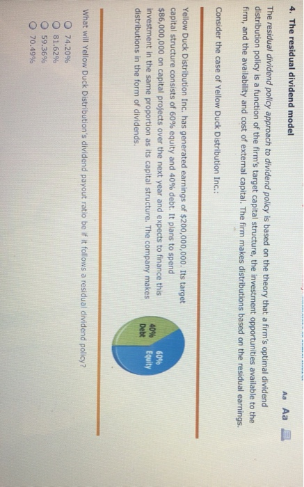 Solved 4. The residual dividend model AaAa旦 The residual | Chegg.com Solved 4. The residual dividend model AaAa旦 The residual | Chegg.com