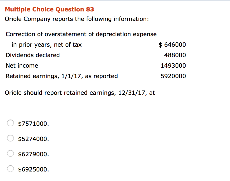 Solved Multiple Choice Question 83 Oriole Company reports | Chegg.com