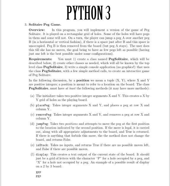 Solved PYTHON 3 3. Solitaire Peg Game Overview I this | Chegg.com