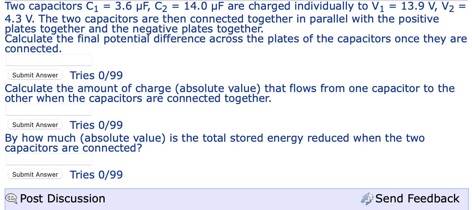 Solved Two capacitors C1 = 3.6 pF, C2 = 14.0 pF are charged | Chegg.com