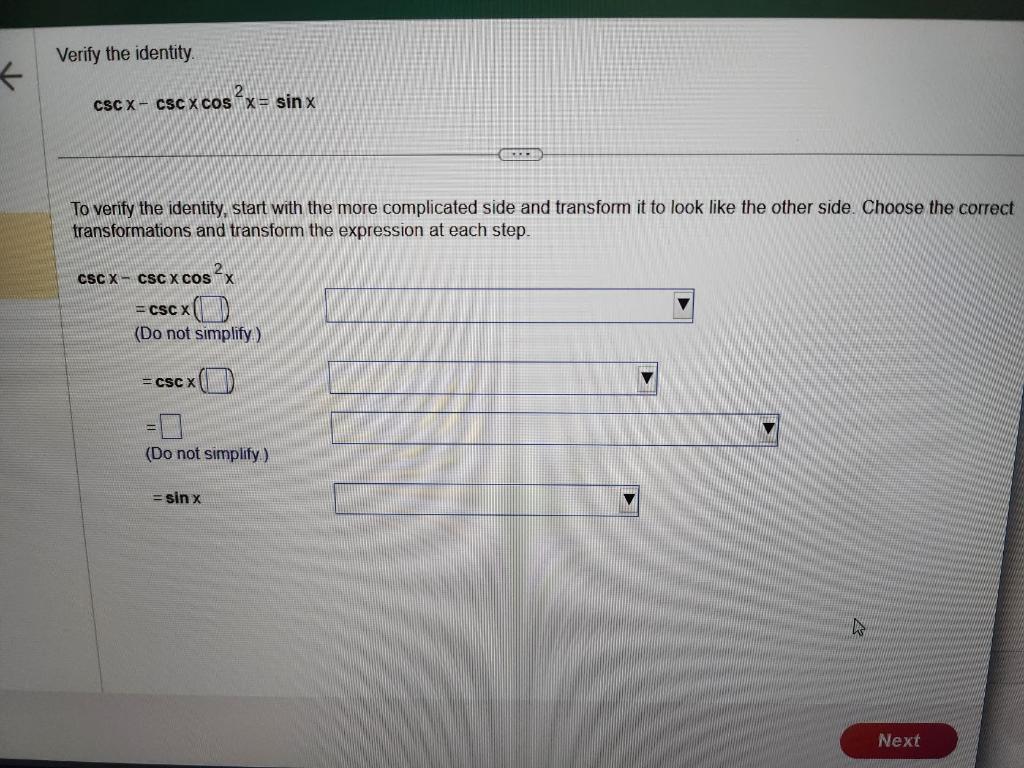 Solved Verify the identity. cscx−cscxcos2x=sinx To verify | Chegg.com