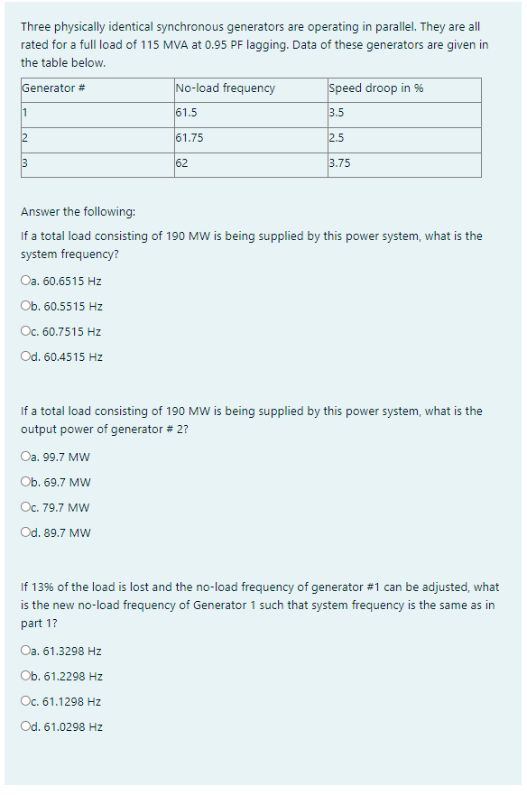 Solved Three physically identical synchronous generators are | Chegg.com