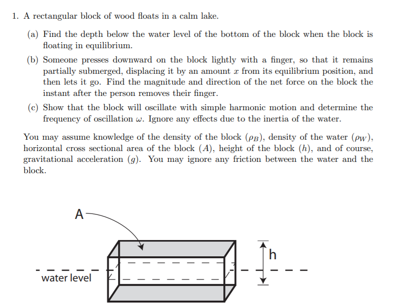 Solved 1. A rectangular block of wood floats in a calm lake. | Chegg.com