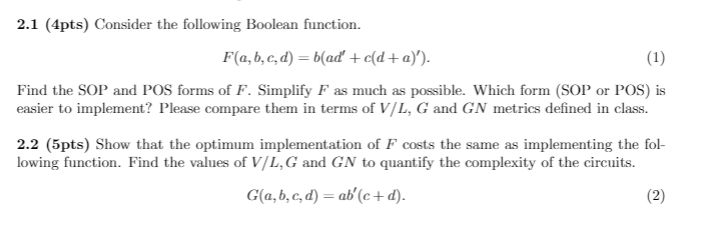 Solved 2.1 (4pts) Consider the following Boolean function. | Chegg.com