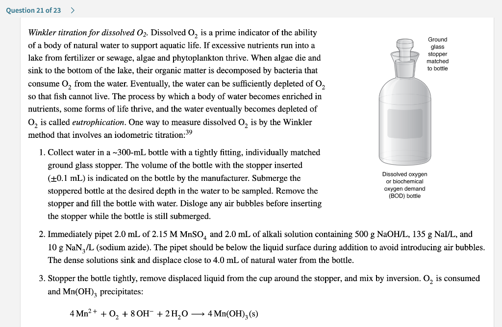 Solved Winkler titration for dissolved O2. Dissolved O2 is a | Chegg.com