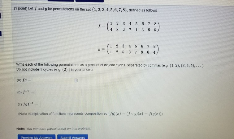 Solved (1 point) Let f and g be permutations on the set | Chegg.com