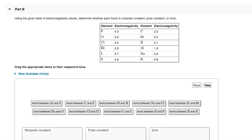 Solved Part B Using the given table of electronegativity | Chegg.com