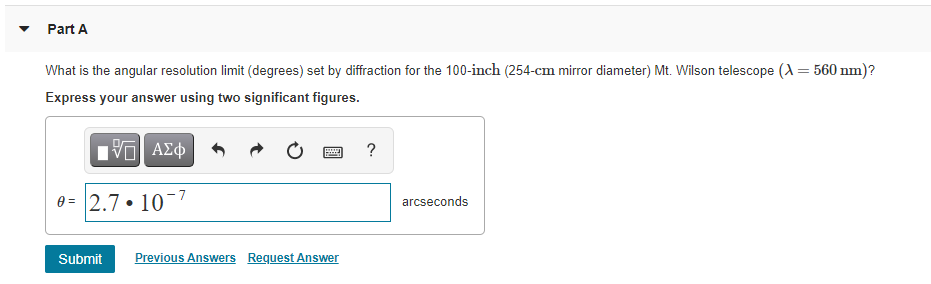 Solved Part A What is the angular resolution limit (degrees) | Chegg.com