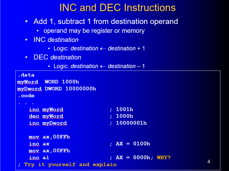 Solved INC and DEC Instructions Add 1, subtract 1 from | Chegg.com