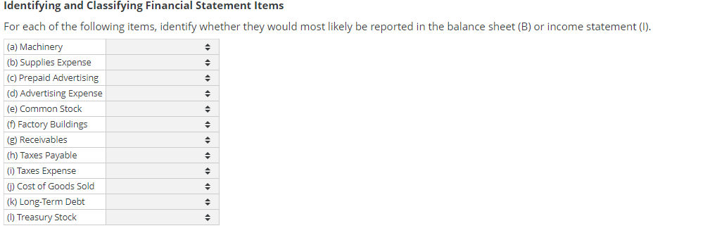 Solved Identifying and Classifying Financial Statement Items | Chegg.com