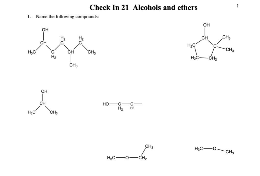 Solved Check In 21 Alcohols and ethers 1. Name the following | Chegg.com