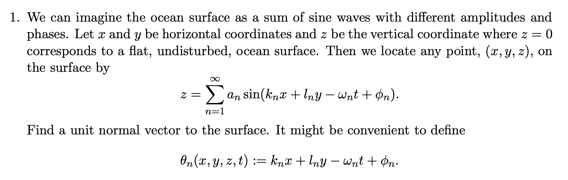 Solved 1. We can imagine the ocean surface as a sum of sine | Chegg.com