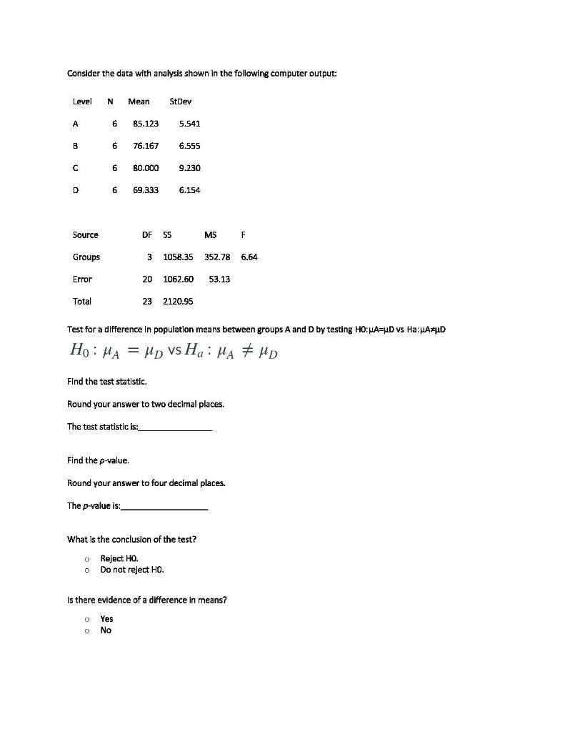 Solved Consider the data with analysis shown in the | Chegg.com