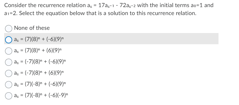 Solved Consider the recurrence relation an=17an−1−72an−2 | Chegg.com