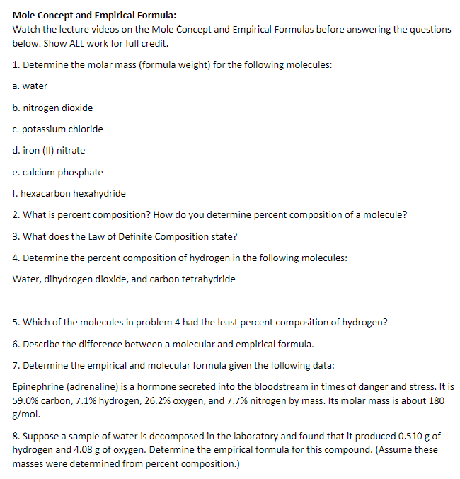 Solved Mole Concept and Empirical Formula: Watch the lecture | Chegg.com
