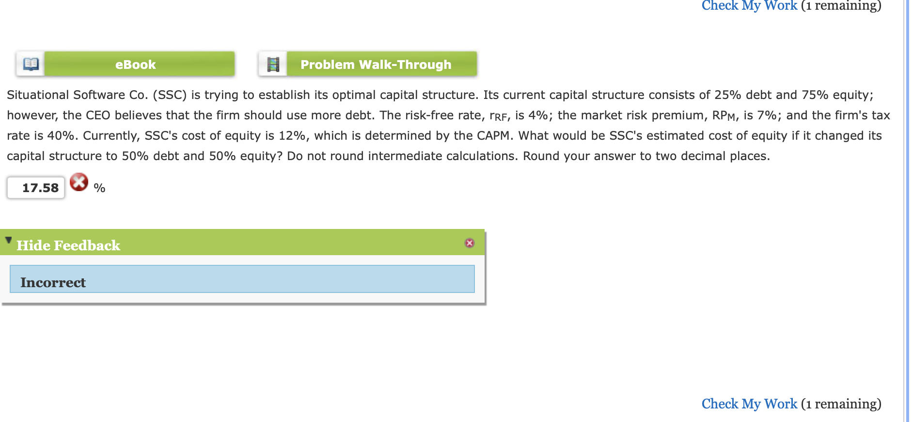 Solved Check My Work (1 remaining) eBook Problem | Chegg.com