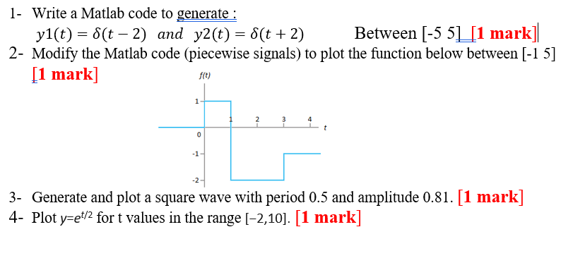 Solved 1- Write a Matlab code to generate : yl(t) = S(t – 2) | Chegg.com