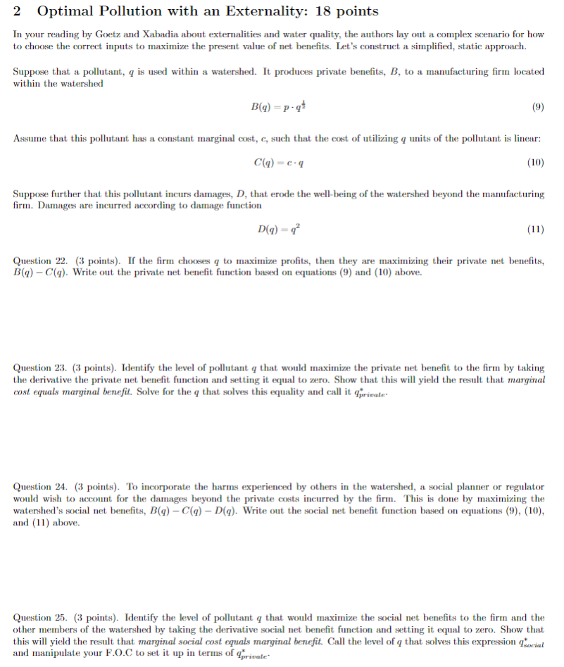 Solved 2 Optimal Pollution with an Externality: 18 points In | Chegg.com