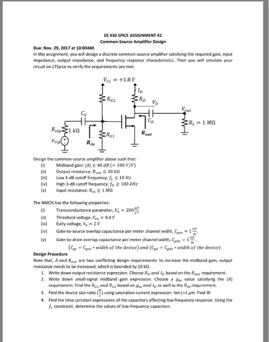 Solved EE 430 SPICE ASSIGNMENT #2 Common-Source Amplifier | Chegg.com