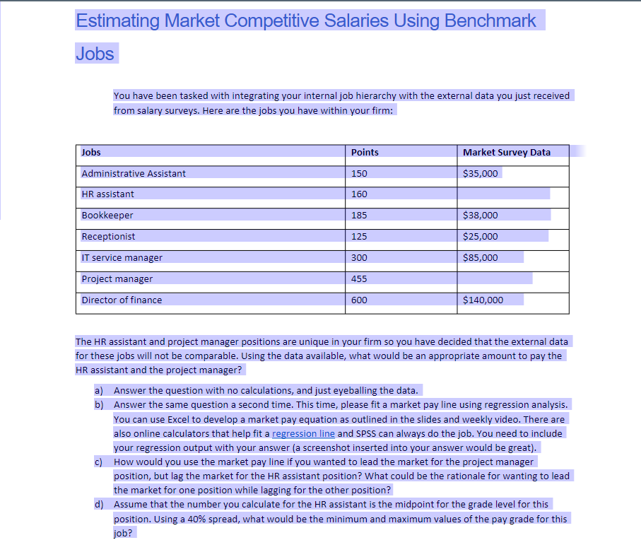 Solved Estimating Market Competitive Salaries Using | Chegg.com