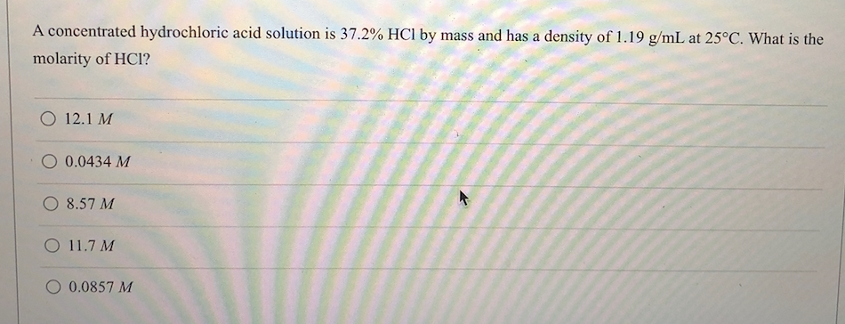 Solved A concentrated hydrochloric acid solution is 37.2% | Chegg.com