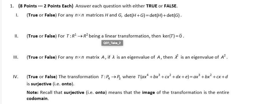 Solved 1. (8 Points −2 Points Each) Answer each question | Chegg.com