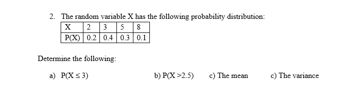 Solved 2. The random variable X has the following | Chegg.com