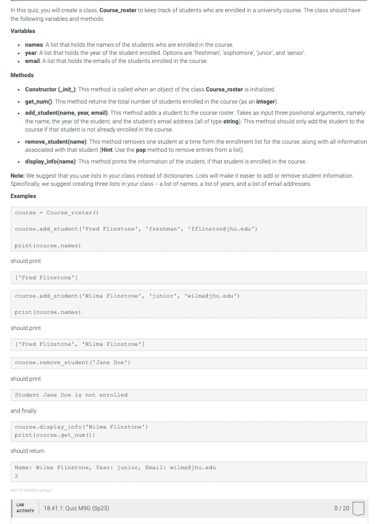 Solved In this quiz, you will create a class, Course_roster | Chegg.com