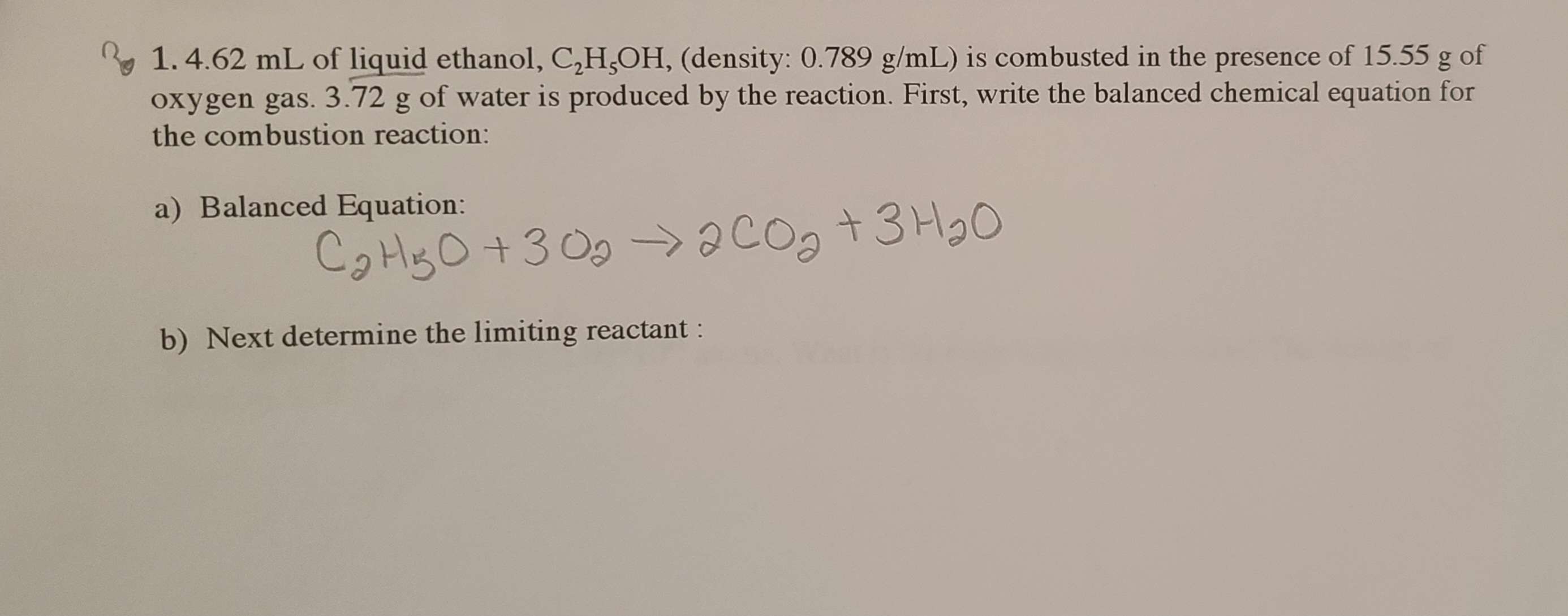 Solved 1. 4.62 mL of liquid ethanol, C2H5OH, (density: 0.789 | Chegg.com
