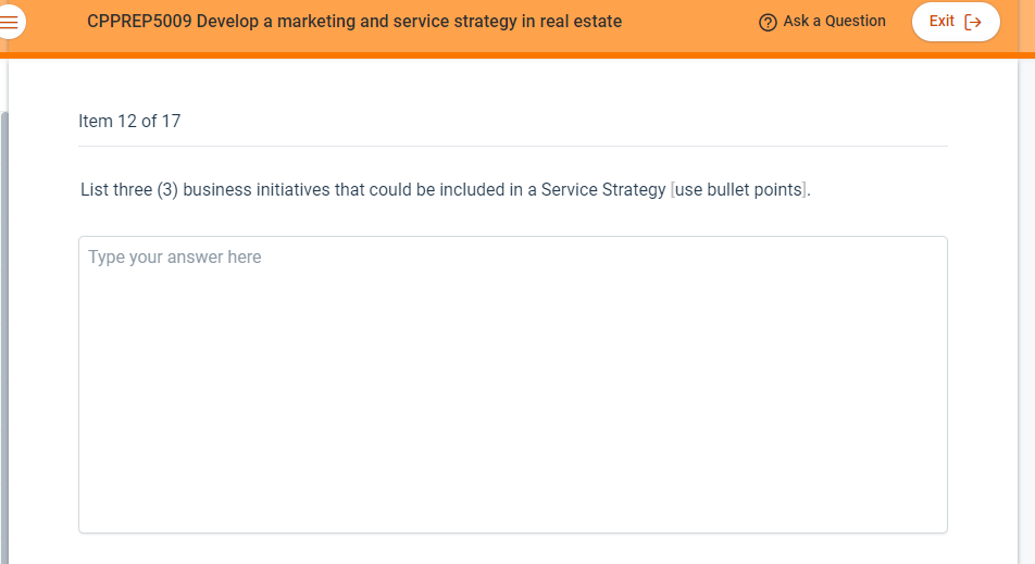 Solved Item 12 ﻿﻿of 17List three (3) ﻿﻿business initiatives | Chegg.com