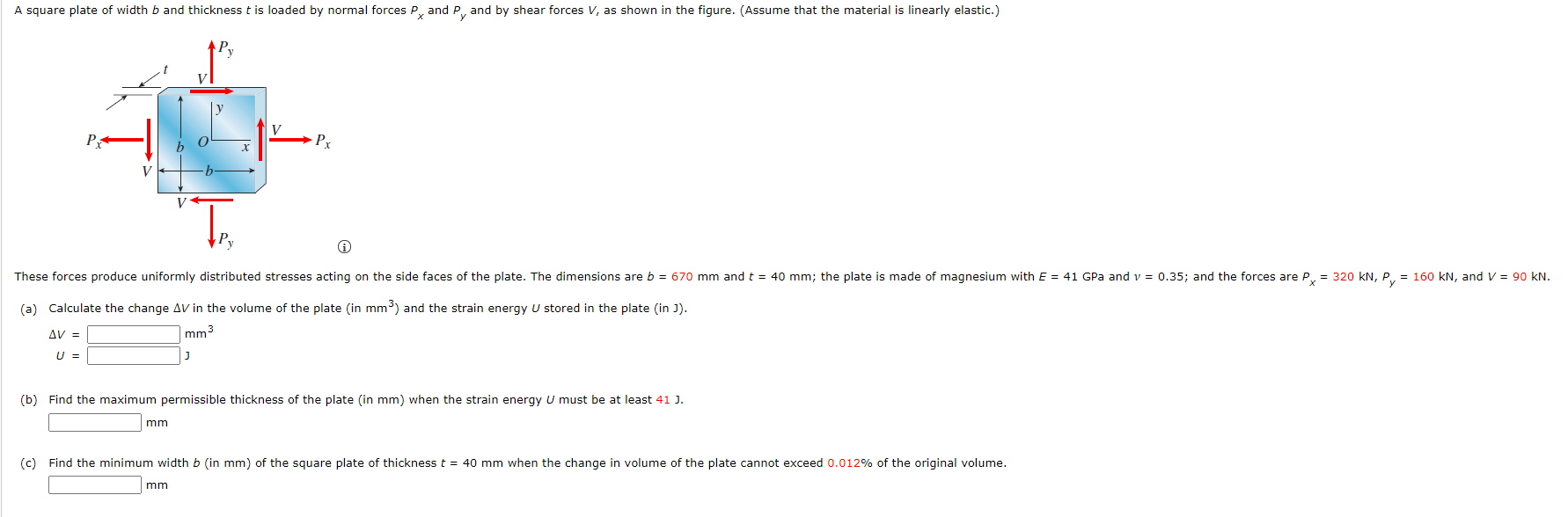 Solved A square plate of width b and thickness t is loaded | Chegg.com