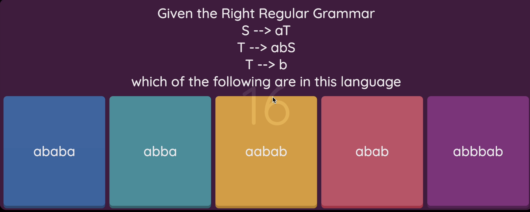 Solved Given the Right Regular Grammar S→> aT T→ abS T→b | Chegg.com