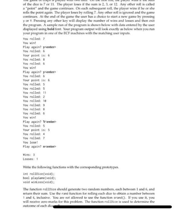 Solved Part 2-Craps In this problem you will implement the | Chegg.com
