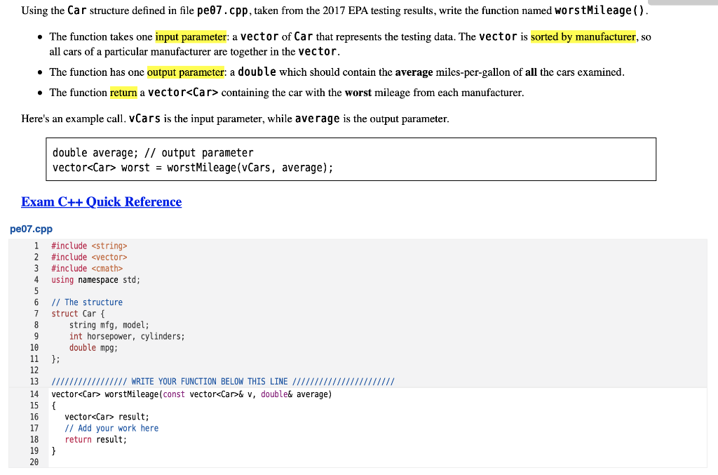 Solved Using the Car structure defined in file pe87.cpp, | Chegg.com