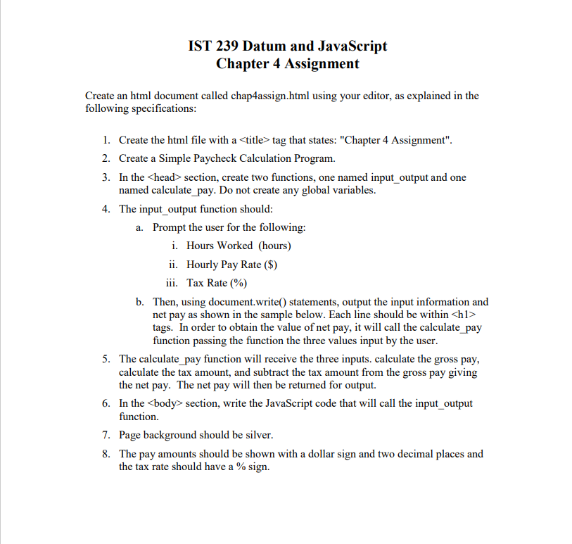 Solved IST 239 Datum and JavaScript Chapter 4 Assignment | Chegg.com