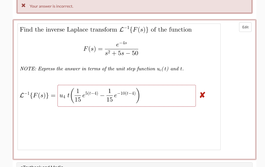 Solved $ Your answer is incorrect. Find the inverse Laplace | Chegg.com