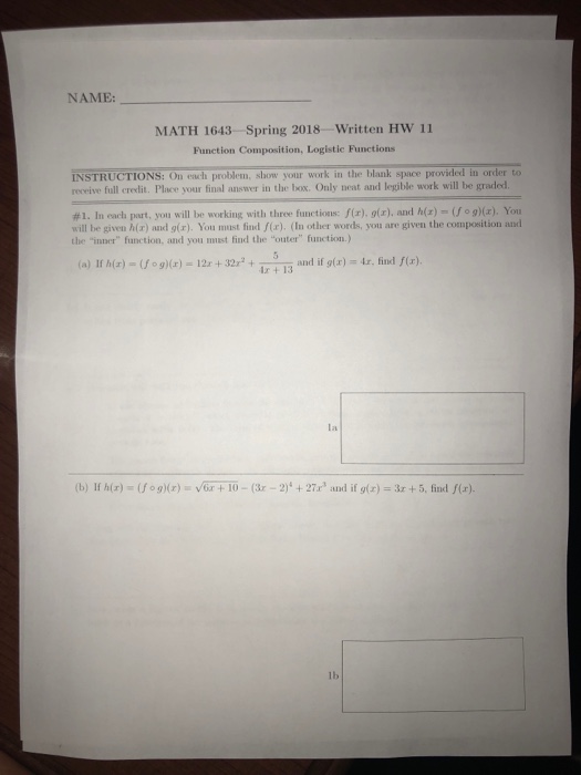 Solved NAME: MATH 1643 Spring 2018 Written HW 11 Function | Chegg.com
