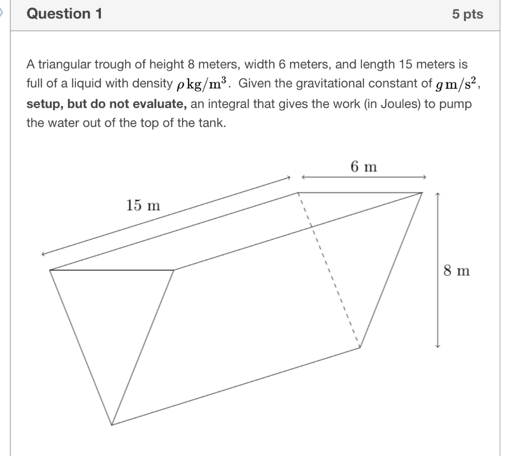 Solved Question 1 5 pts A triangular trough of height 8 | Chegg.com