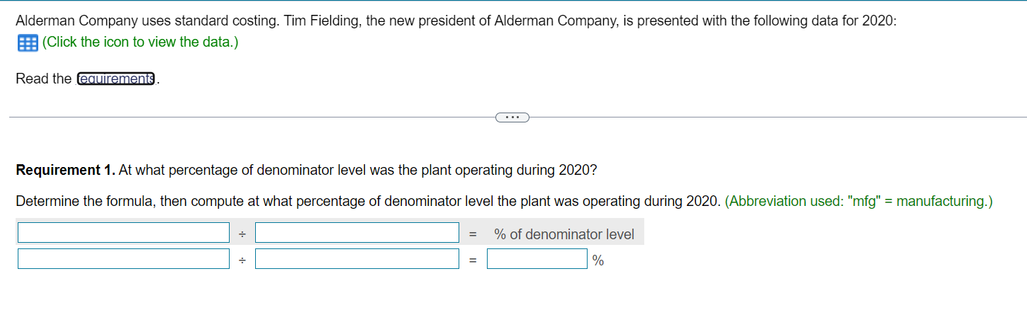 Alderman Company uses standard costing. Tim Fielding, | Chegg.com