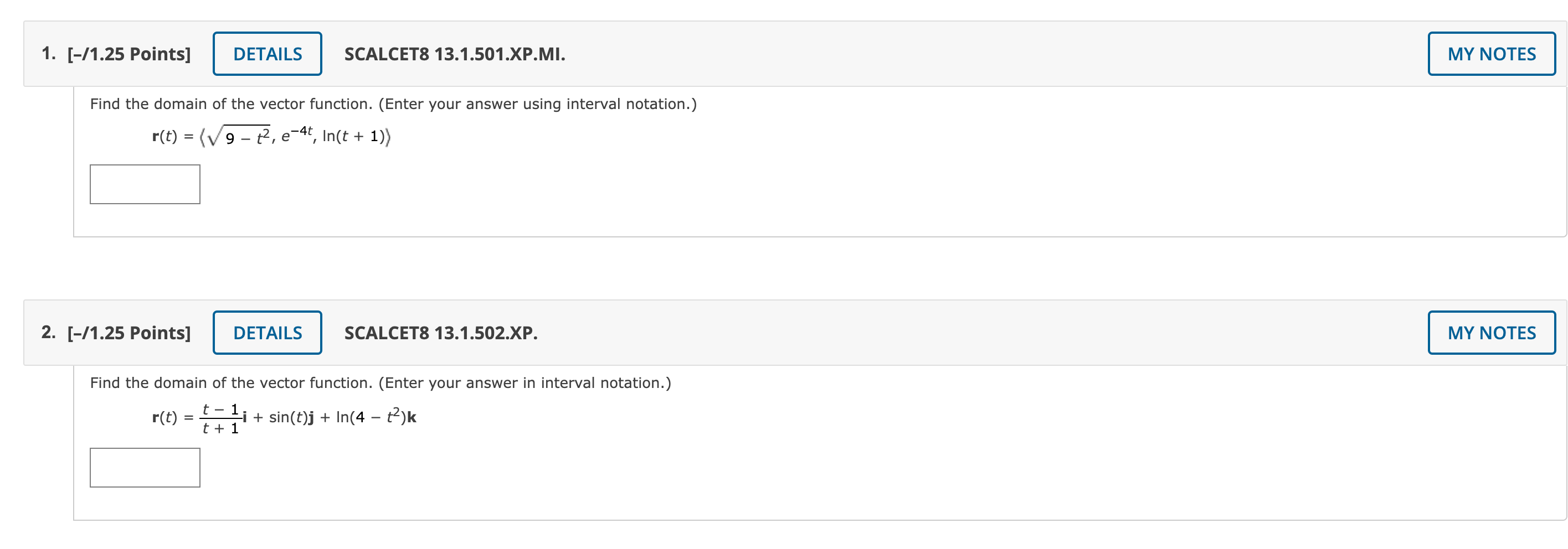 Solved 1. [-/1.25 Points] DETAILS SCALCET8 13.1.501.XP.MI. | Chegg.com