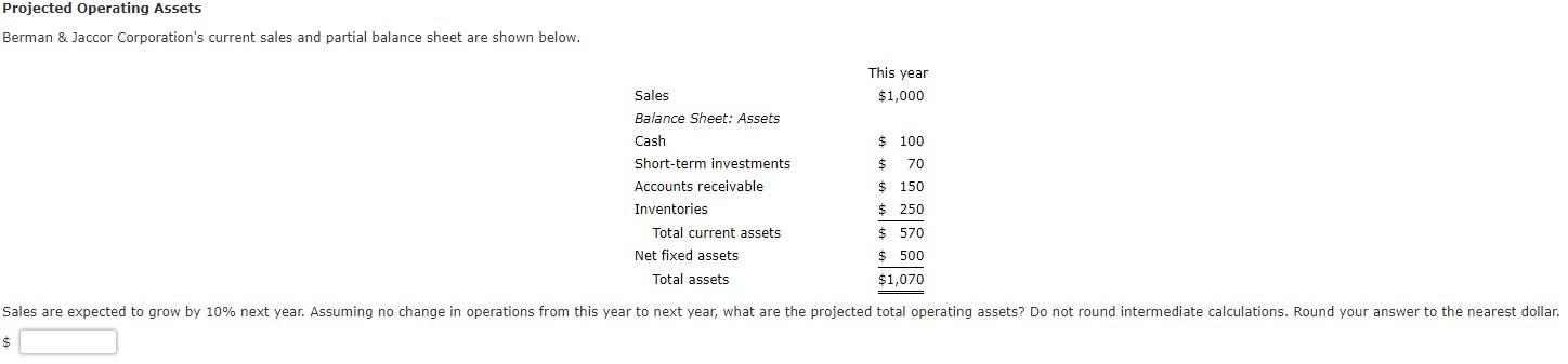 Solved Projected Operating Assets Berman \& Jaccor | Chegg.com