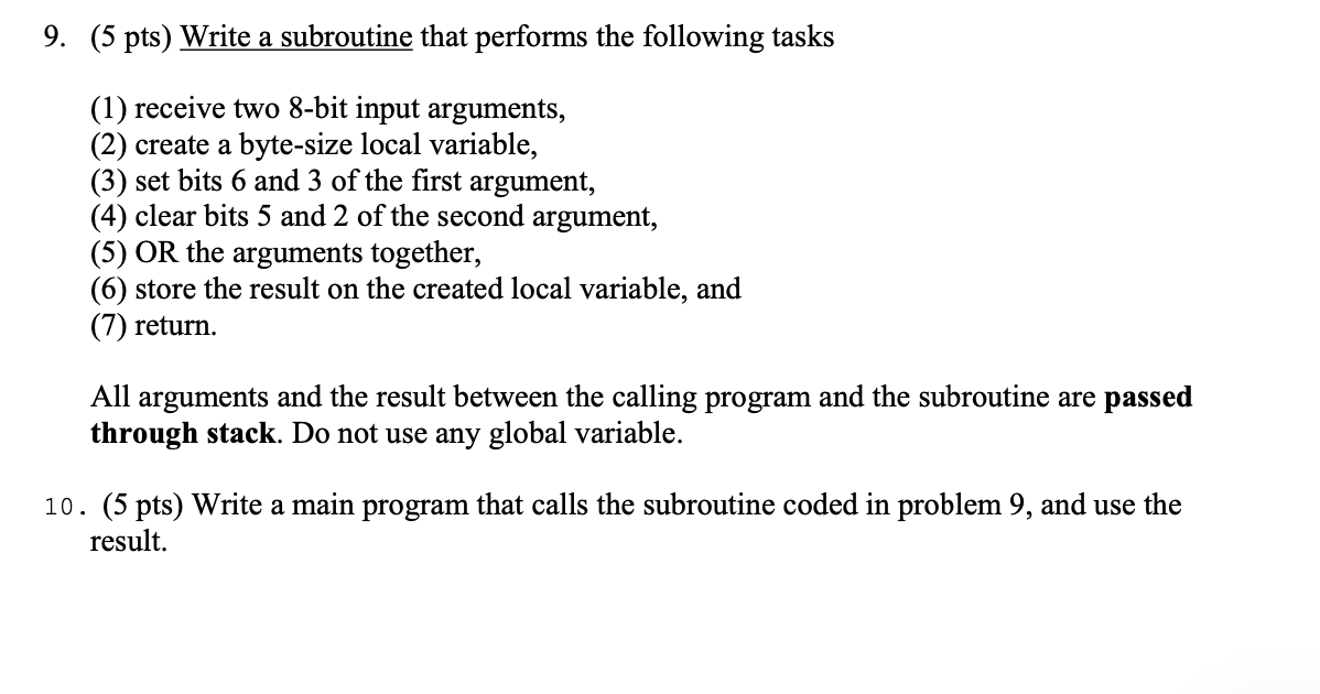 9. (5 pts) Write a subroutine that performs the | Chegg.com