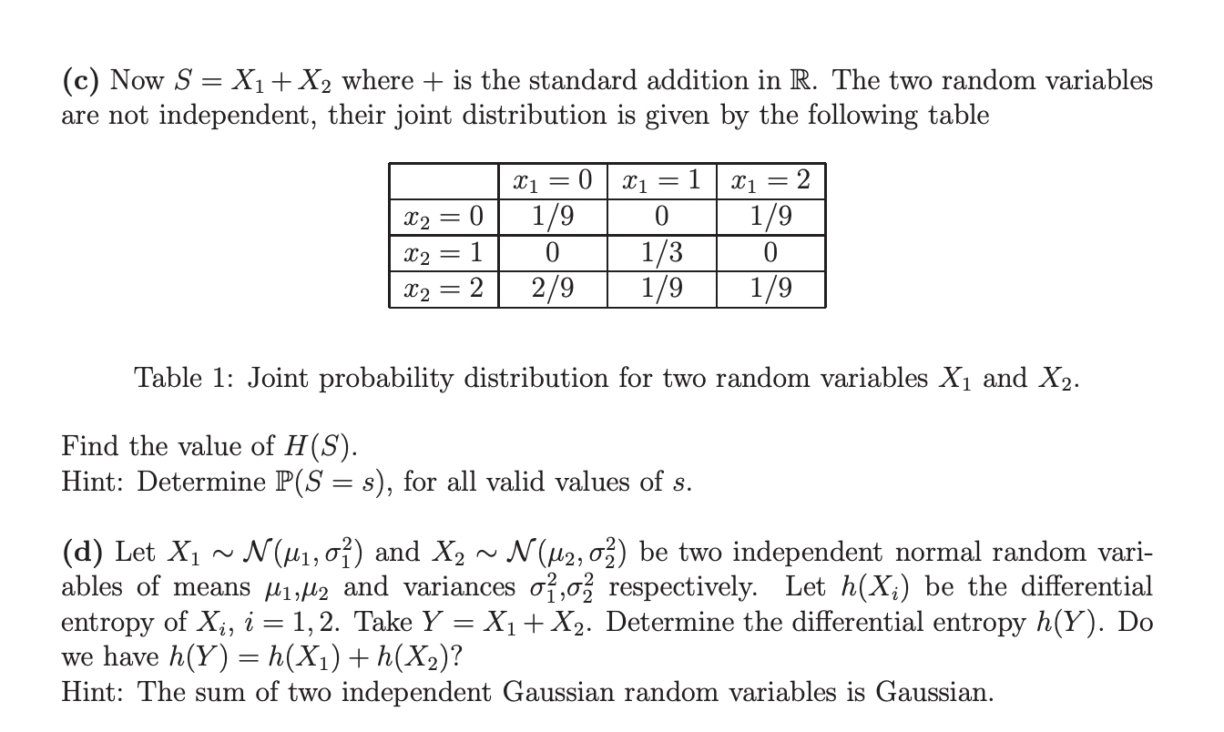 Solved (c) Now S=X1+X2 where + is the standard addition in | Chegg.com