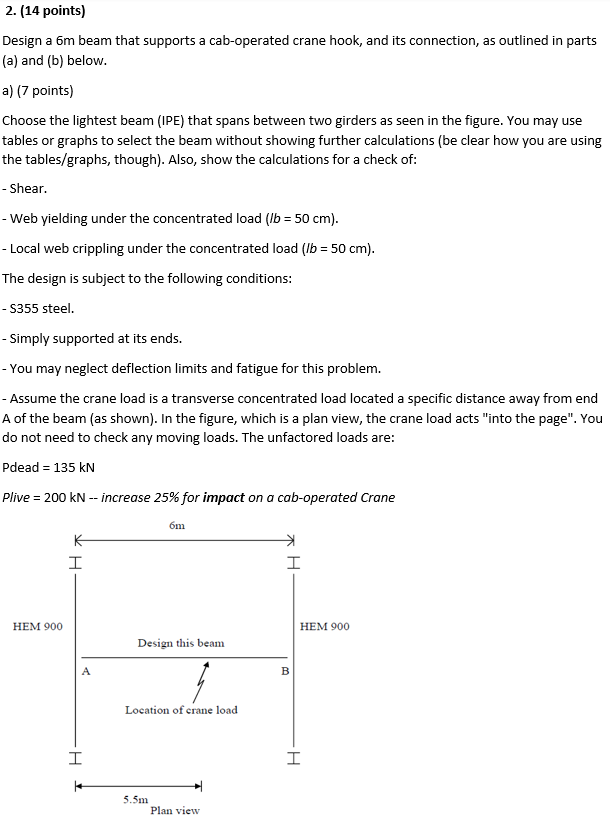 Solved 2. (14 points) Design a 6m beam that supports a | Chegg.com