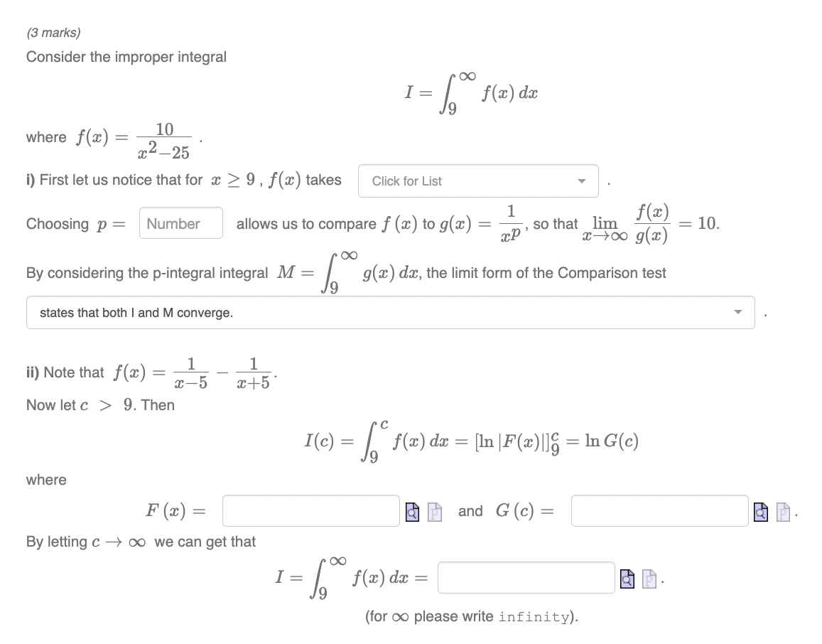 Solved 3 Marks Consider The Improper Integral I ∫9∞f X Dx