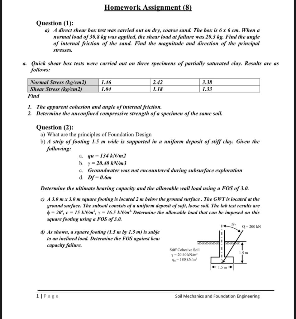 Solved Question (1): a) A direct shear box test was carried | Chegg.com