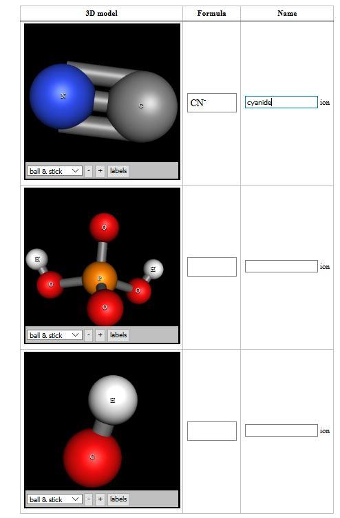 Solved 3D model Formula Name CN cyanidel 1on ball & stick + | Chegg.com