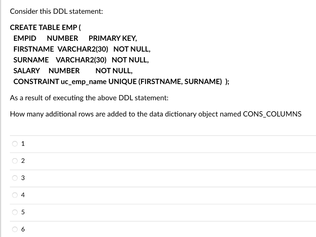 Solved Consider this DDL statement: CREATE TABLE EMP ( EMPID | Chegg.com